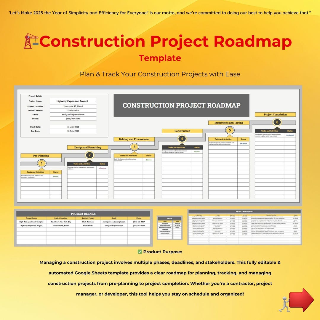 Construction Project Roadmap Template, Google Sheets Planner, Project ...