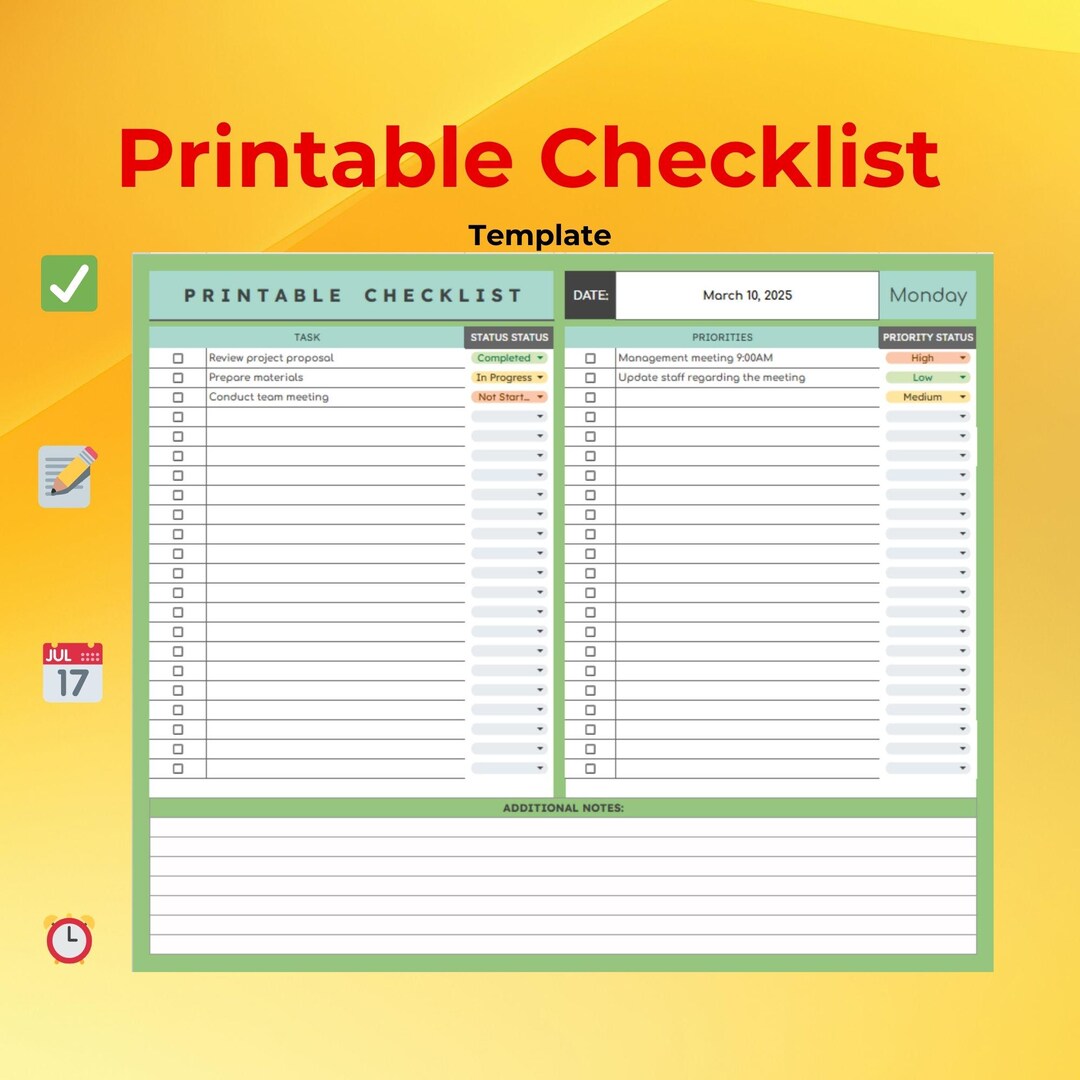 Printable Checklist Template, Google Sheets, Daily Task List, to Do ...