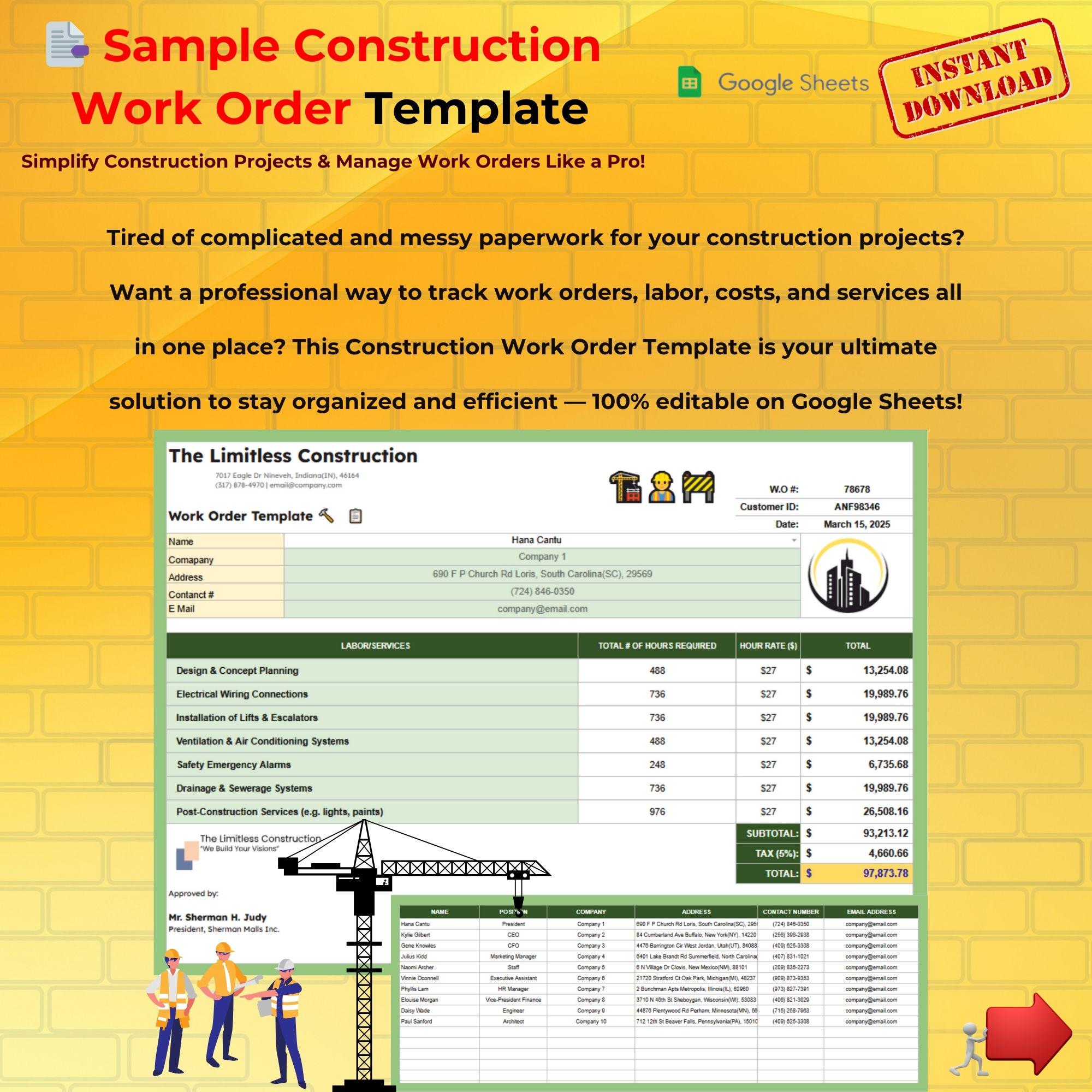 Sample Construction Work Order Template, Google Sheets Work Order ...