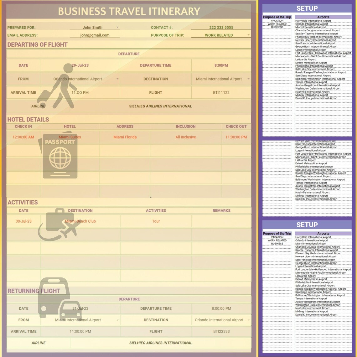 Business Travel Itinerary Template, Google Sheets Editable Tool, Trip ...