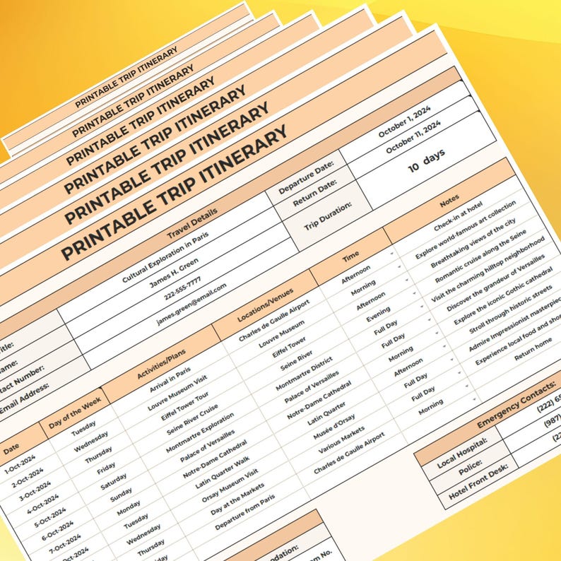 Printable Trip Itinerary Template, Google Sheets for Vacation Planning ...