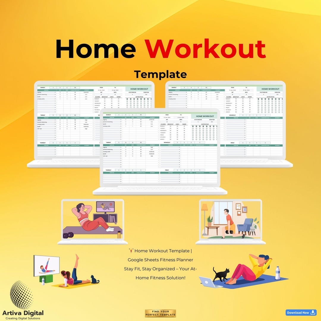 Home Workout Template, Weekly Fitness Planner, Customizable Exercise ...