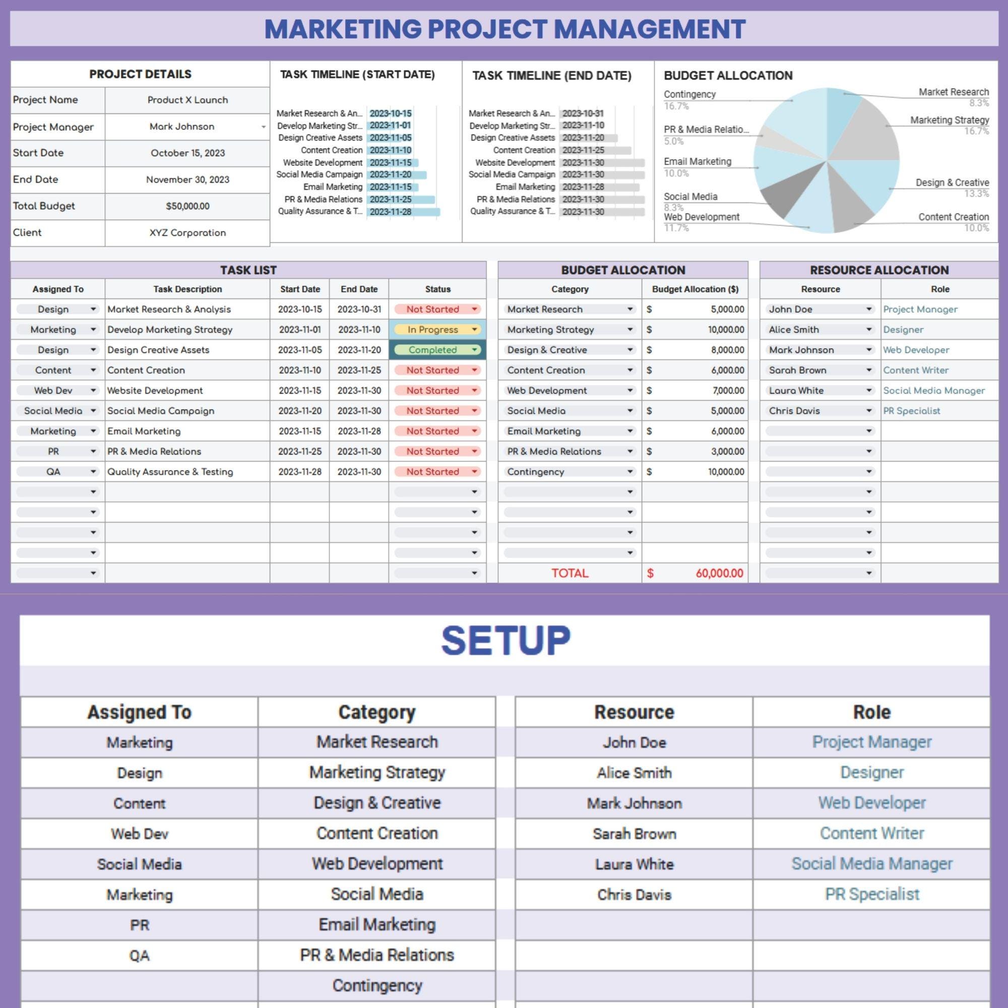 Marketing Project Planner Template, Google Sheets Editable Tool ...
