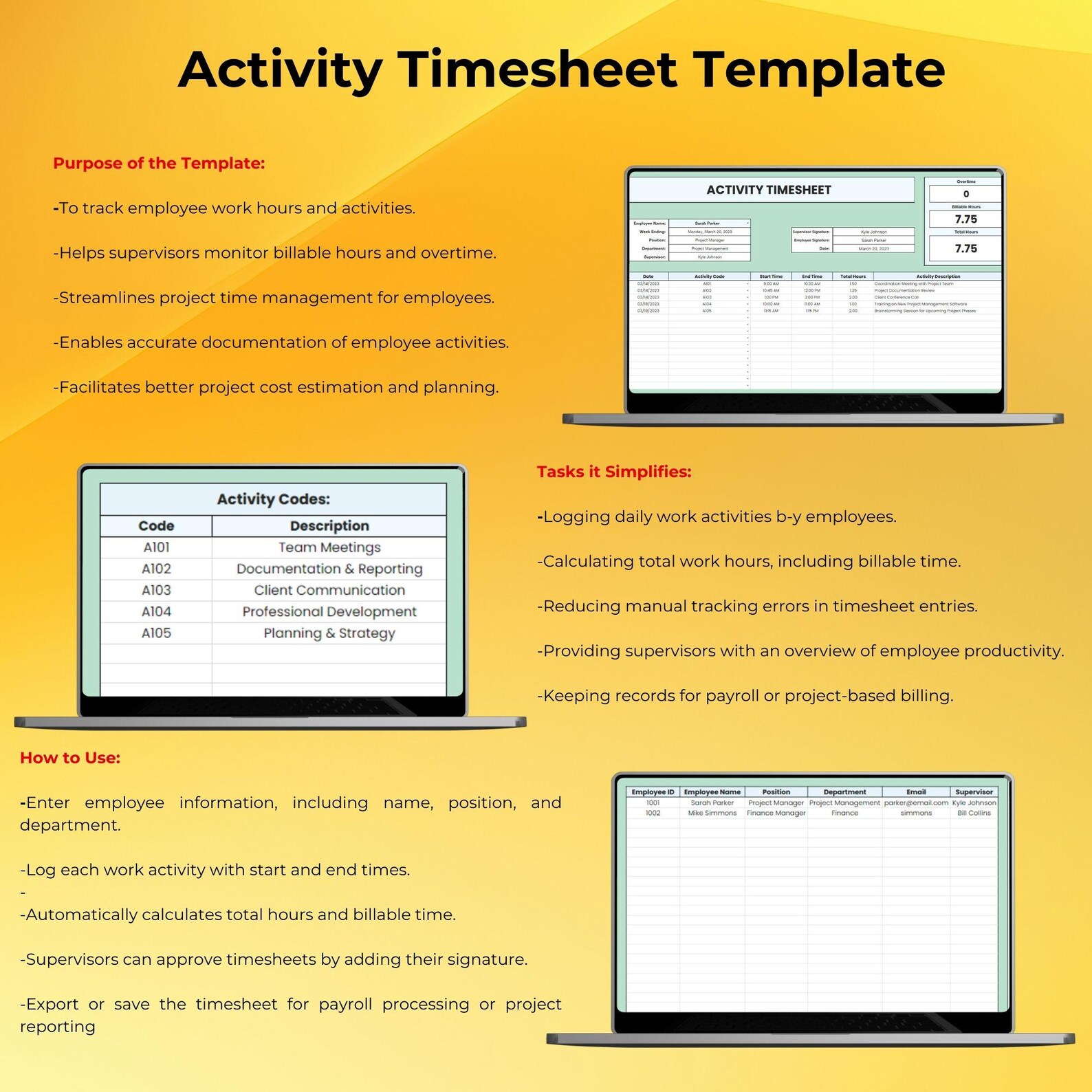 Activity Timesheet Template, Google Sheets, Track Work Hours, Employee ...