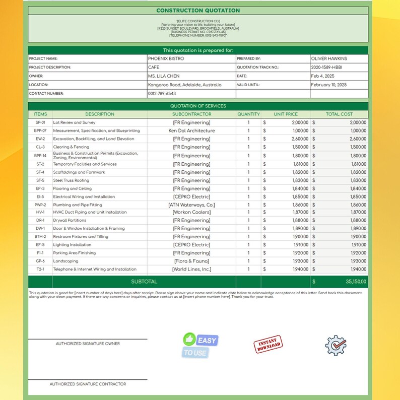 Simple Construction Quotation Templates, Contractor Estimate Sheet ...