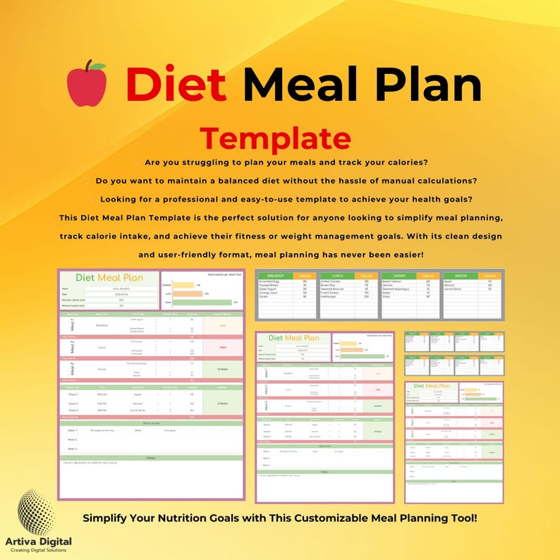 Diet Meal Plan Template, Google Sheets Editable Template, Calorie ...