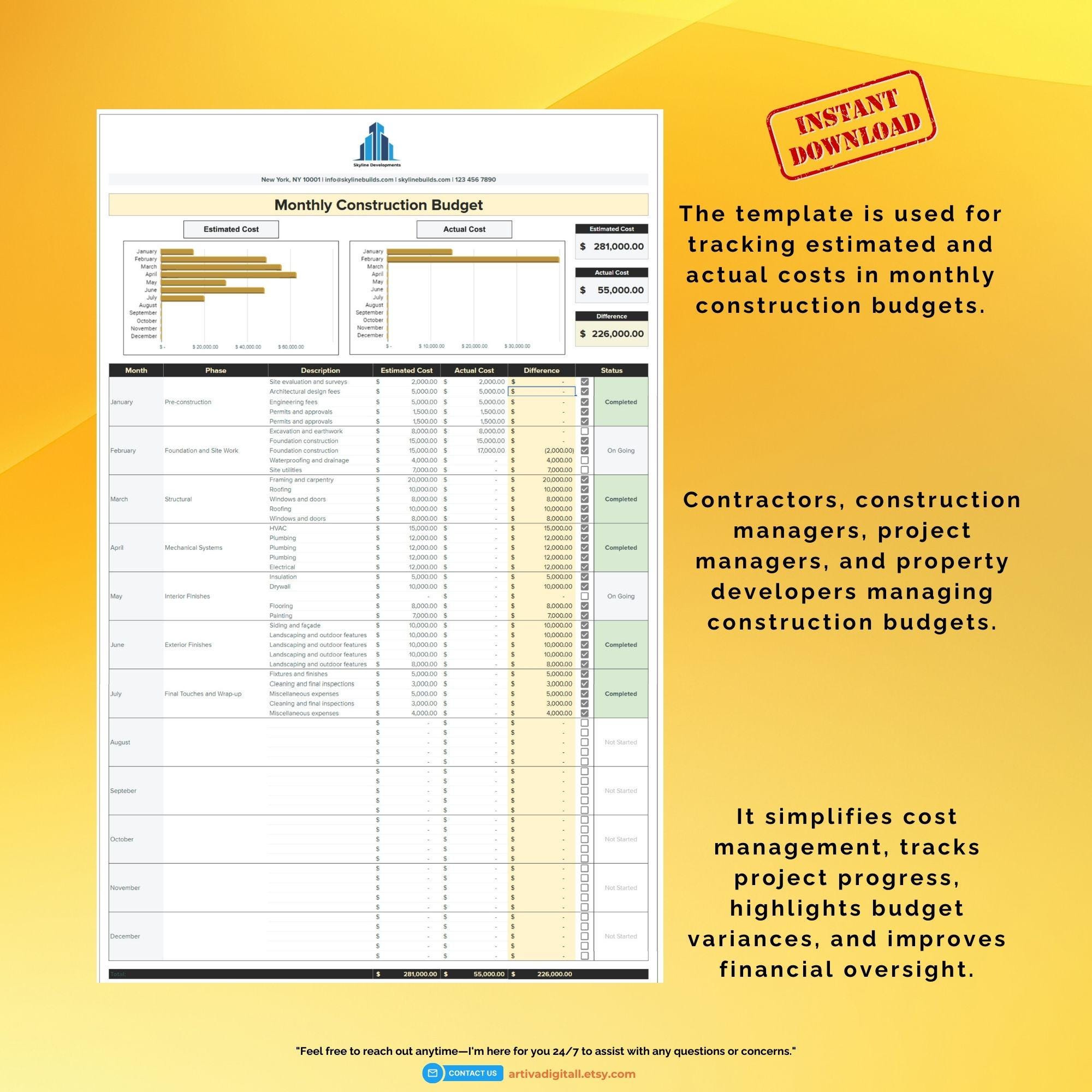 Monthly Construction Budget, Construction Cost Tracker, Building ...