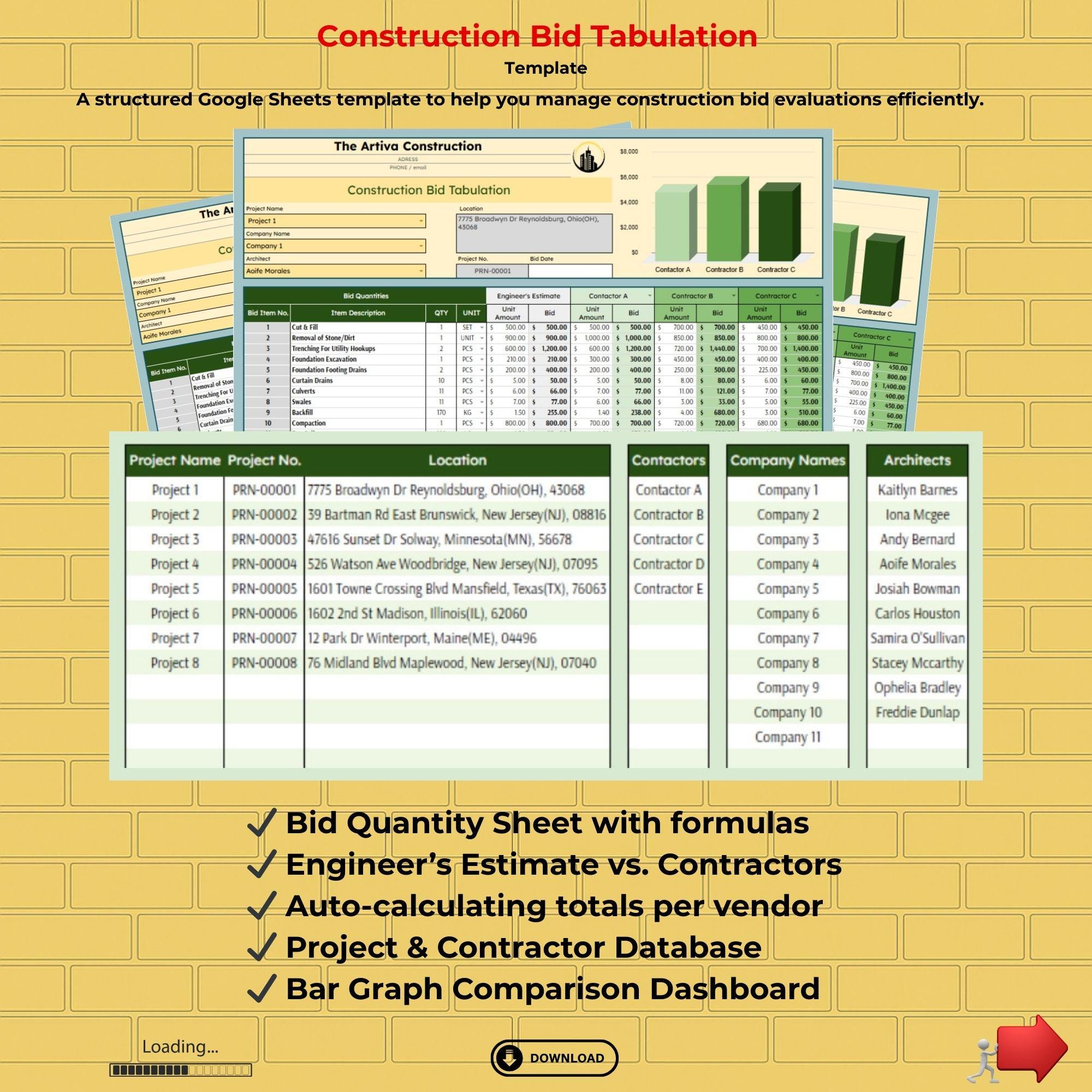 Construction Bid Tabulation Template, Google Sheets, Compare Contractor ...