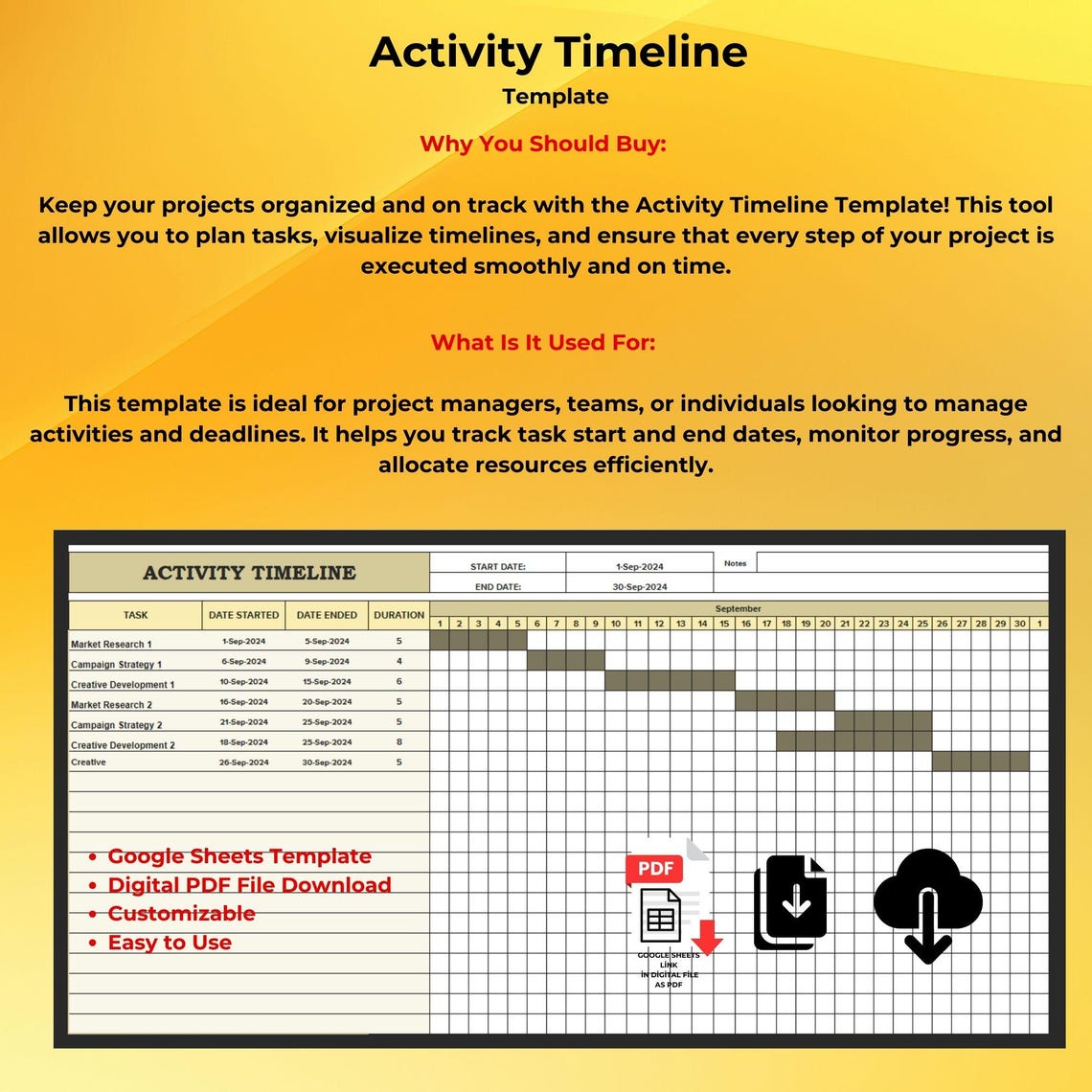 Activity Timeline Template, Google Sheet Editable Event Planner ...