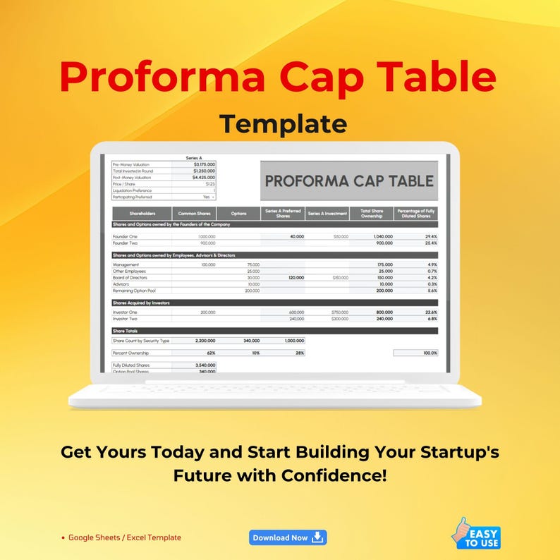 Proforma Cap Table Template, Google Sheets Editable Tool, Startup ...