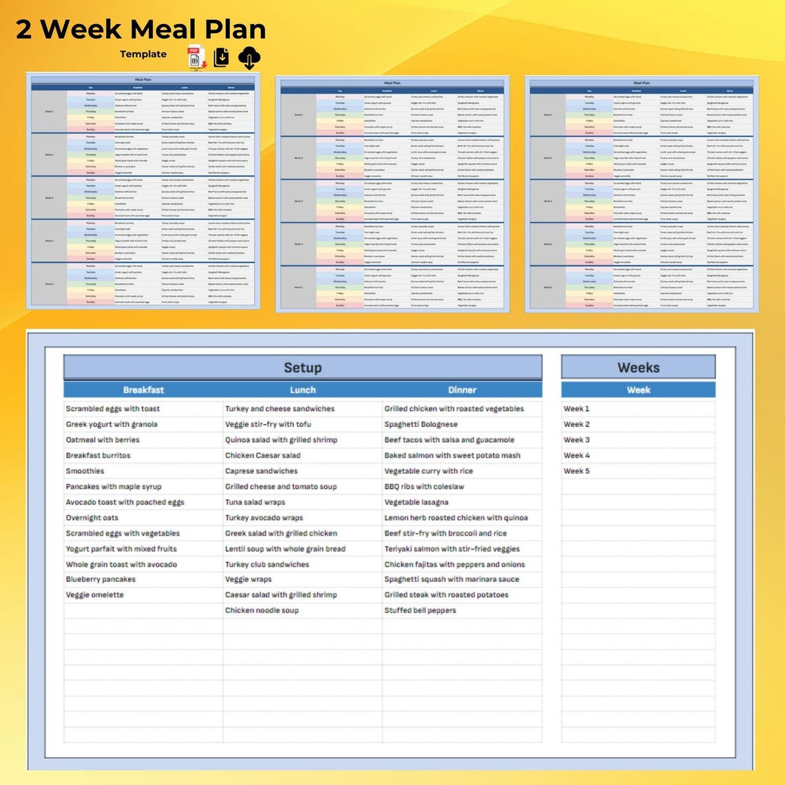 2 Week Meal Plan Template, Editable Google Sheets, Digital Download ...
