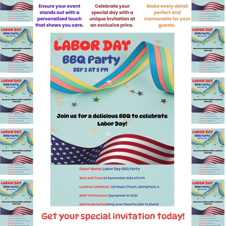 Labor Day Invitation Card, PDF, Printable, Editable Template, BBQ Party ...
