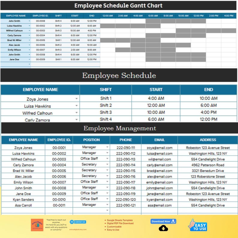 Employee Schedule Gantt Chart Template, Google Sheets Editable Tool ...