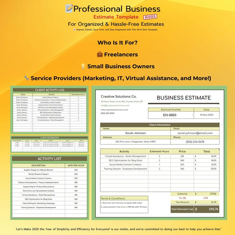 Business Estimate Template, Google Sheets Format for Service Pricing, Cost Estimation, Client ...