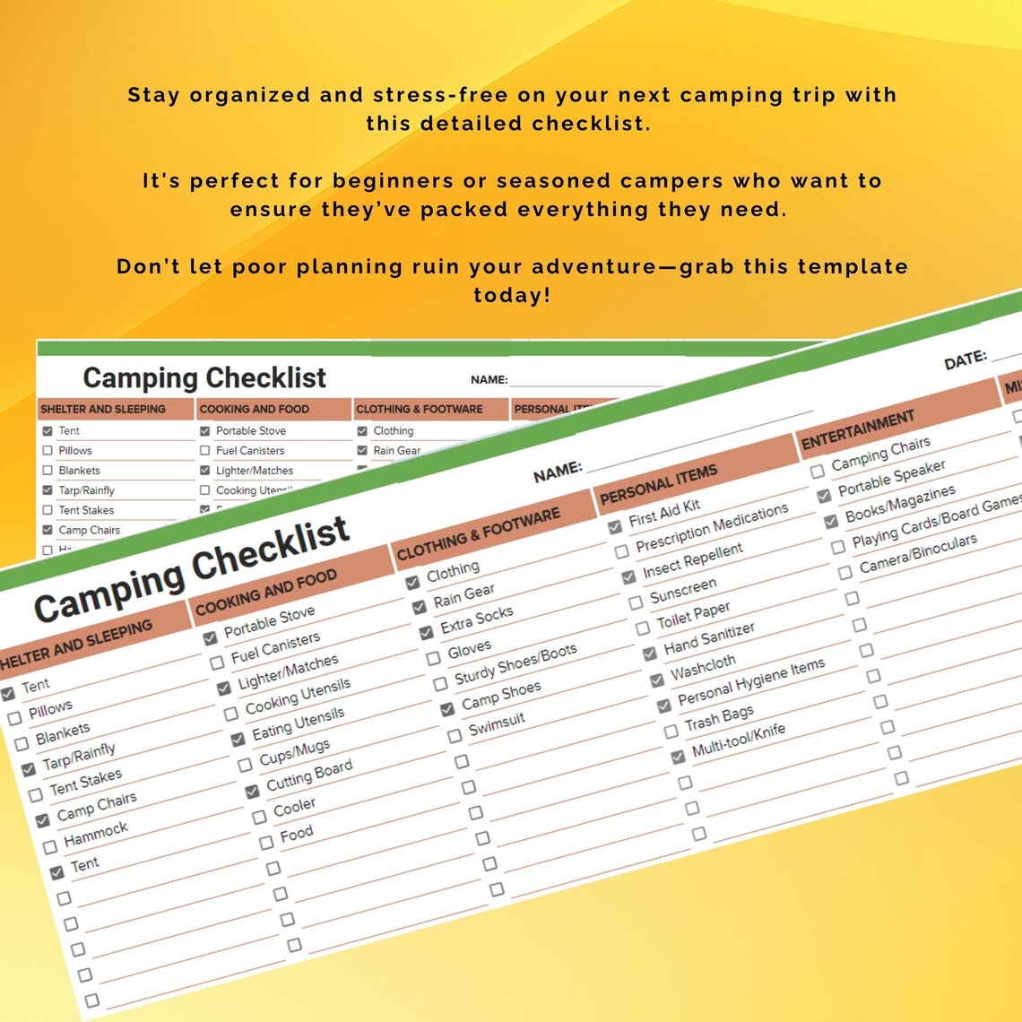 Camping Checklist Template, Google Sheets for Trip Planning, Gear ...
