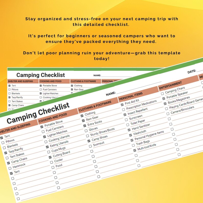 Camping Checklist Template, Google Sheets for Trip Planning, Gear ...