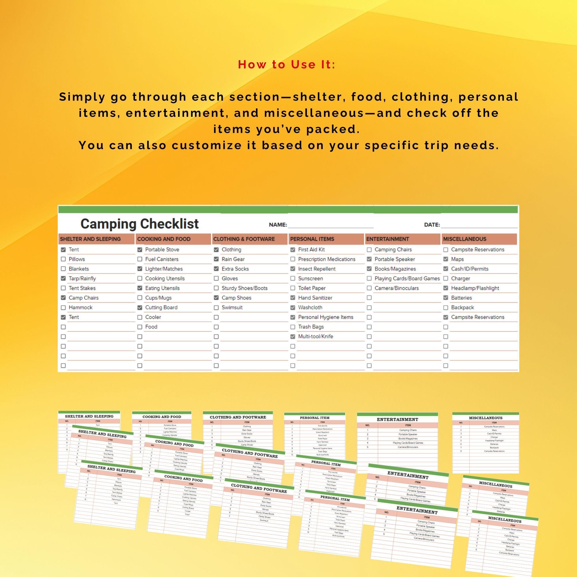 Camping Checklist Template, Google Sheets for Trip Planning, Gear ...
