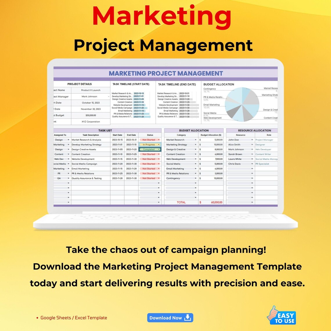 Marketing Project Planner Template, Google Sheets Editable Tool ...