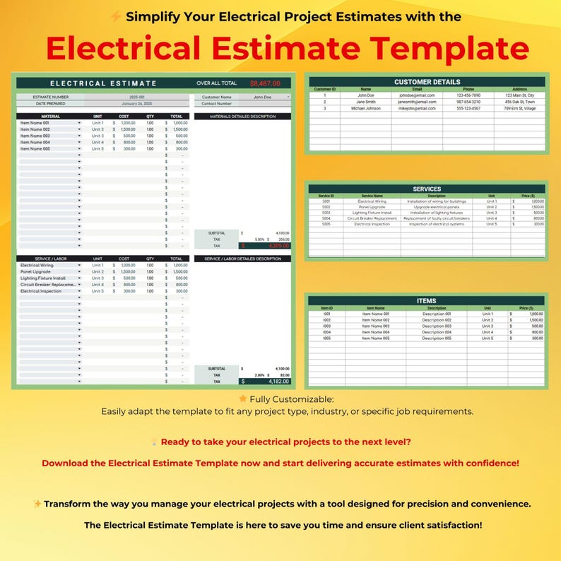 Electrical Estimate Template, Google Sheets for Cost Estimation, Contractor Budgeting, Expense ...