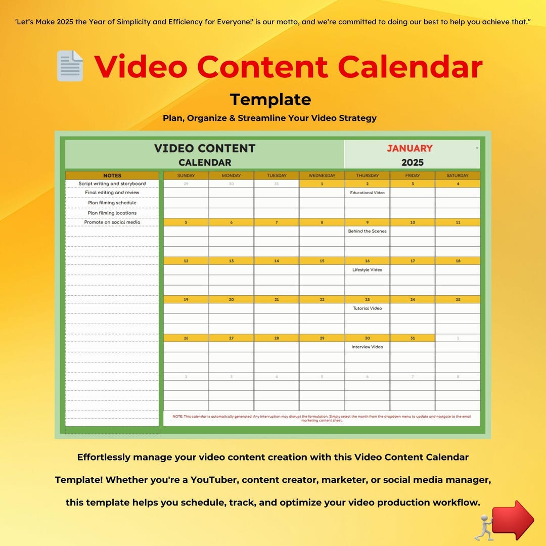 Video Content Calendar Template, Social Media Video Planner, Youtube ...