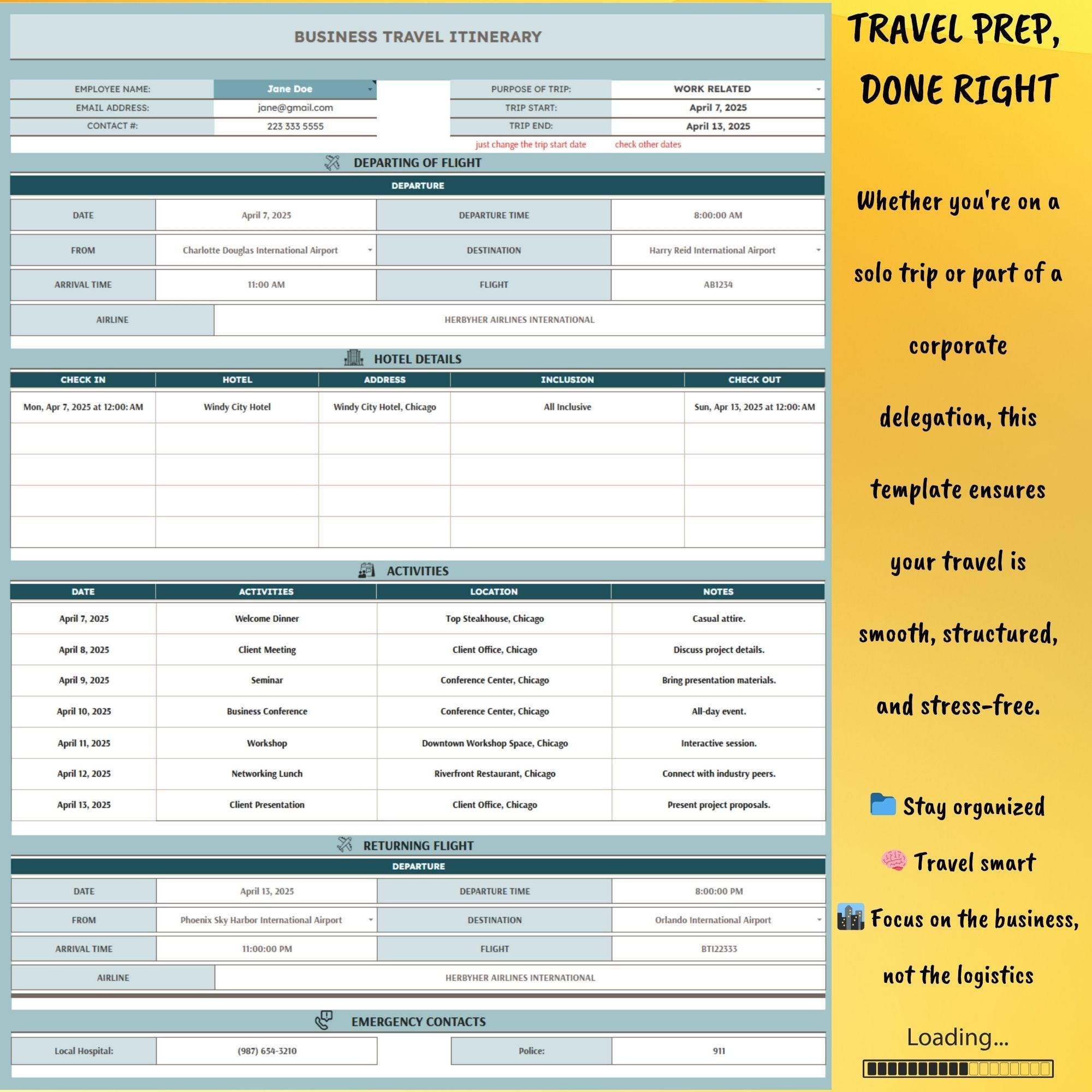 Business Travel Itinerary Template, Google Sheets Editable Tool, Trip ...