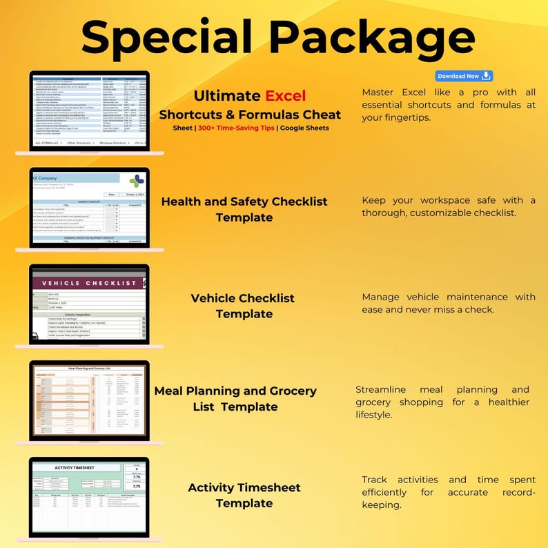 Special Package, Excel Shortcuts Cheat Sheet, Health & Safety Checklist, Meal Planner, Grocery ...