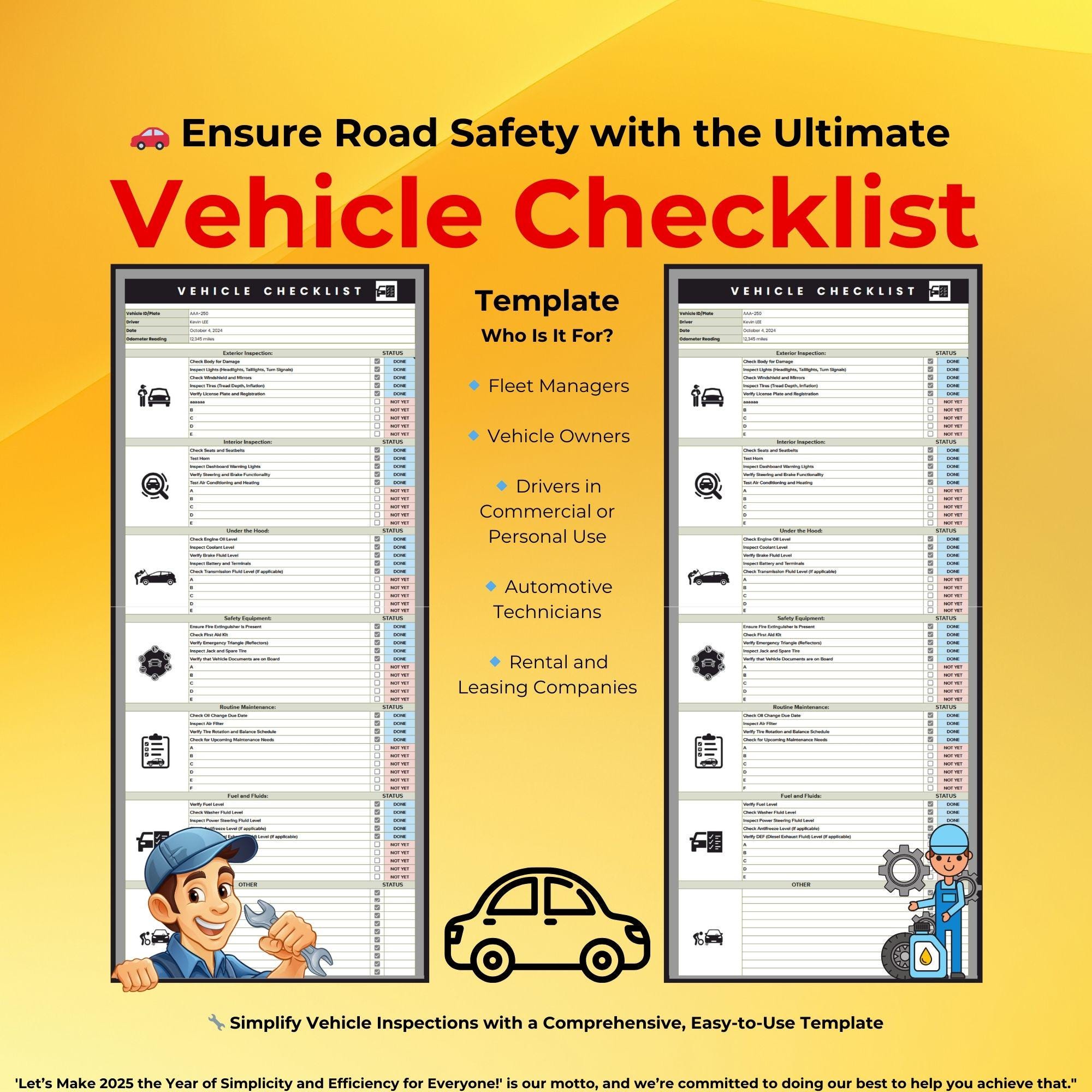Vehicle Checklist Template, Google Sheets Editable Tool, Car ...