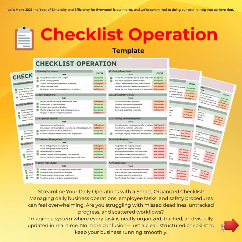 Checklist Operation Template, Task Tracker, Business Checklist, Daily ...