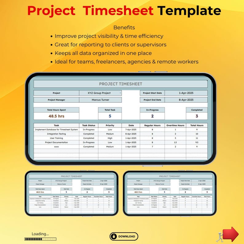 Project Timesheet Template, Google Sheets Time Tracker, Editable Work ...