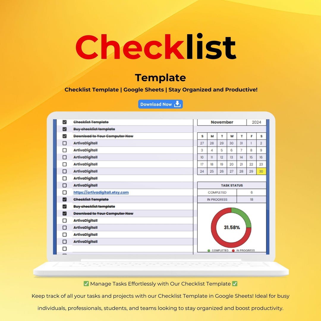 Checklist Template, Google Sheets Editable Tool, Task Tracker, To-do ...