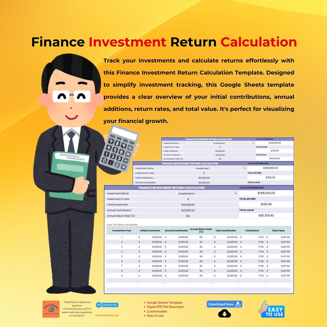 Finance Investment Return Calculation Template, ROI Tracker Tool ...