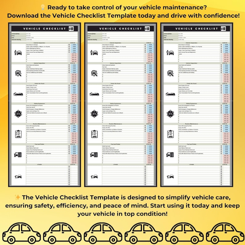 Vehicle Checklist Template, Google Sheets Editable Tool, Car ...
