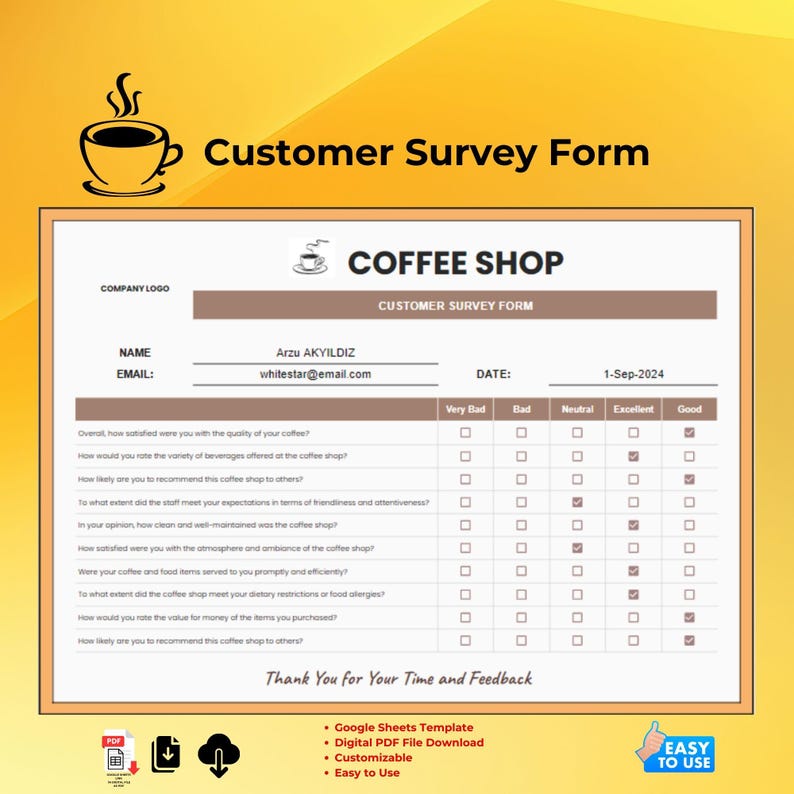 Customer Survey Form Template, Google Sheets, Simple Form, Feedback ...