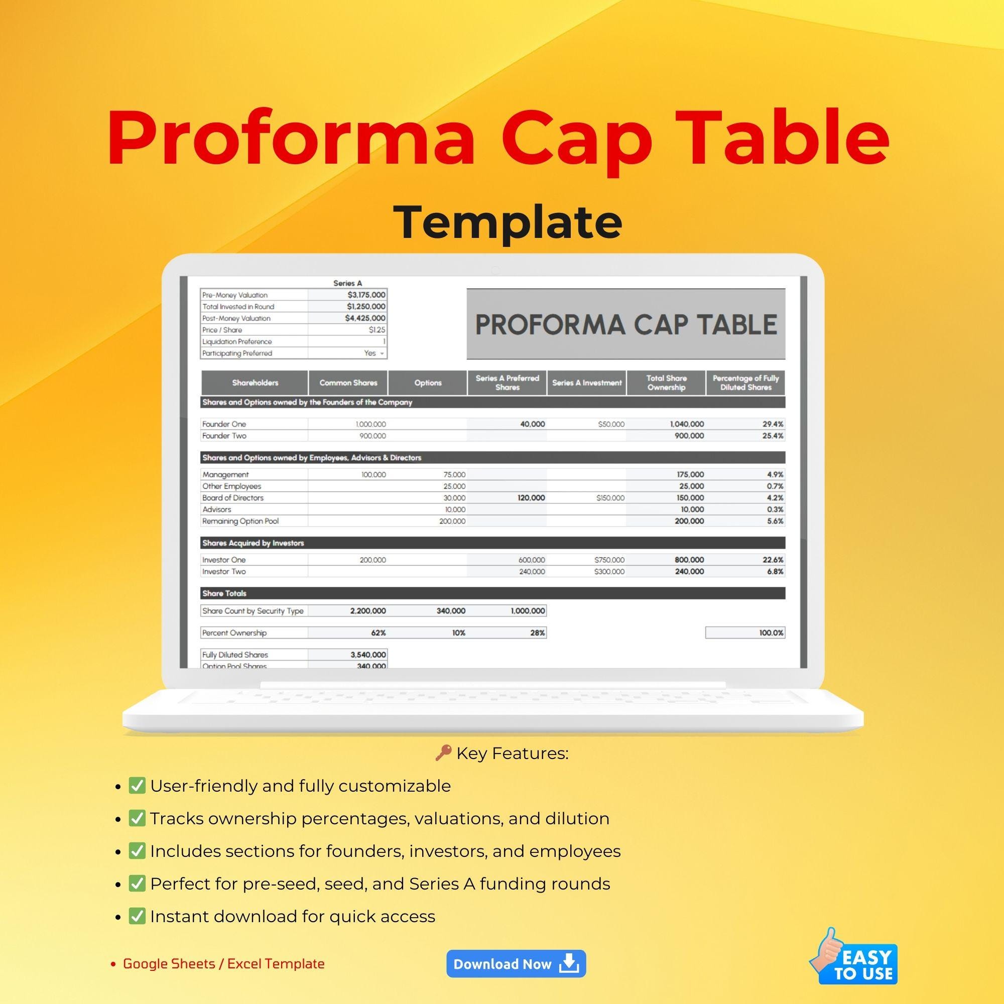 Proforma Cap Table Template, Google Sheets Editable Tool, Startup ...