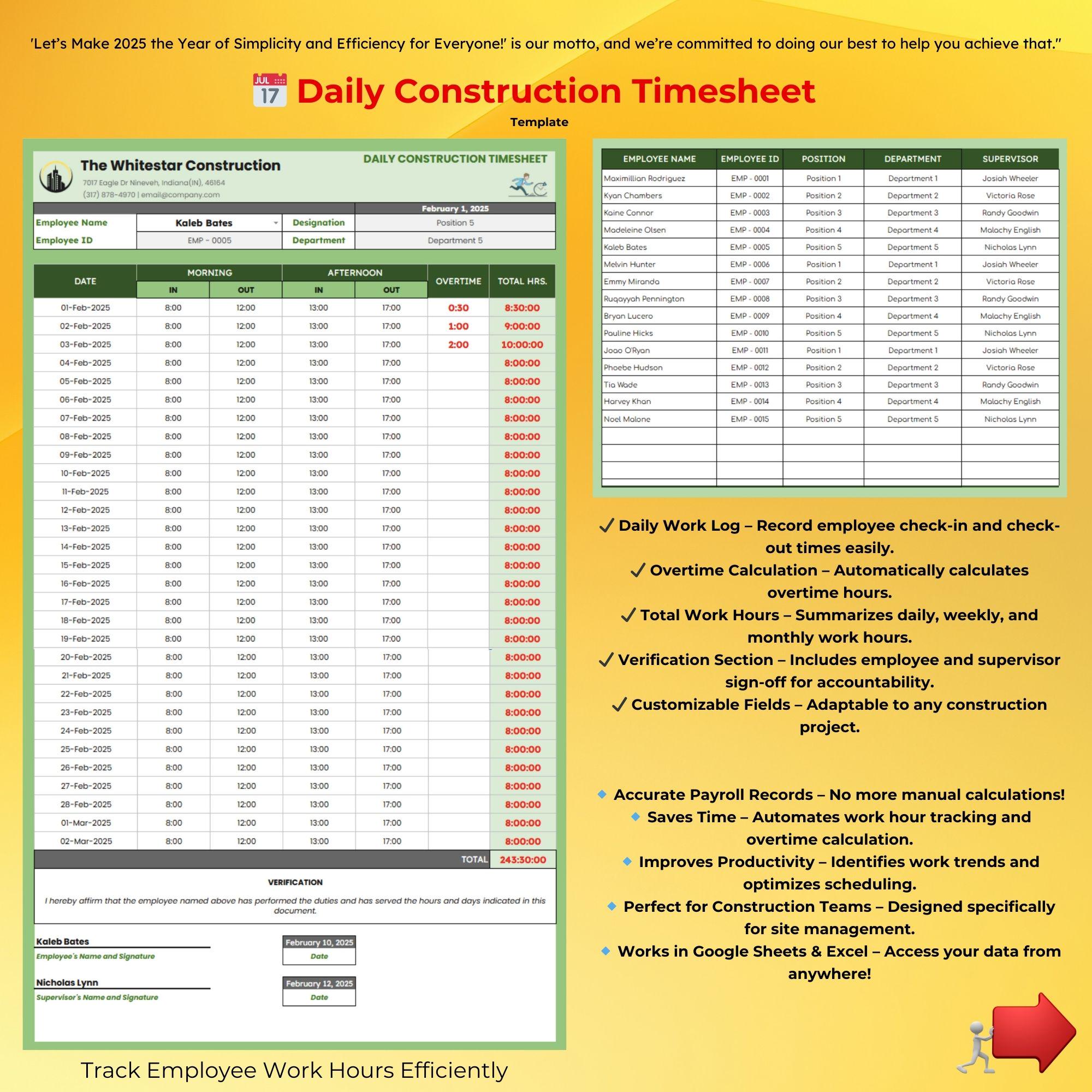Daily Construction Timesheet Template, Google Sheets Work Log, Employee ...