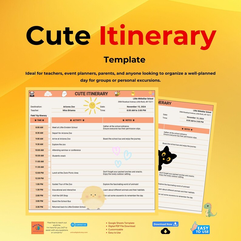 Cute Itinerary Template, Travel Planner, Vacation Schedule, Trip ...