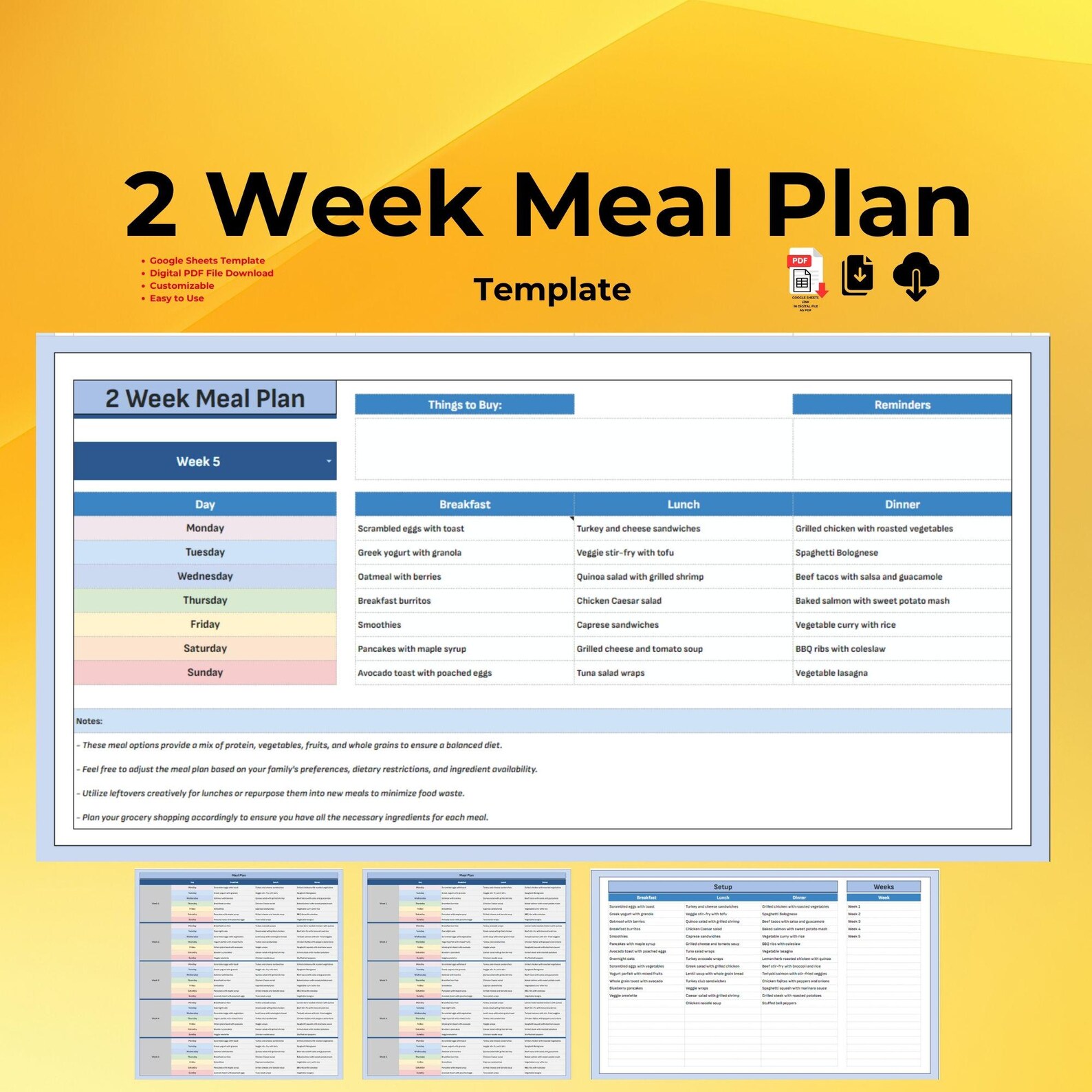2 Week Meal Plan Template, Editable Google Sheets, Digital Download ...