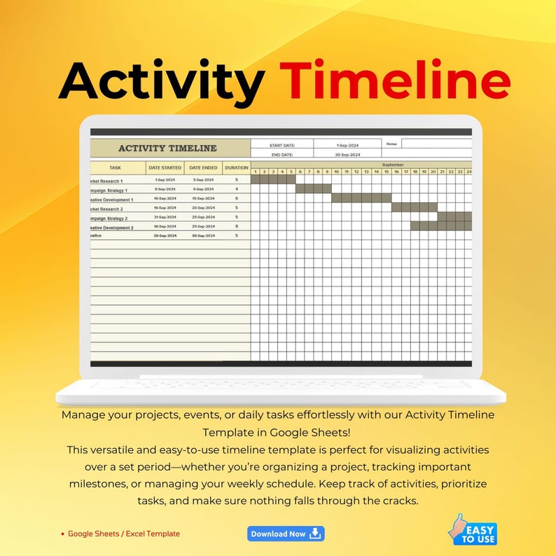 Activity Timeline Template, Google Sheets Tool, Editable Project ...