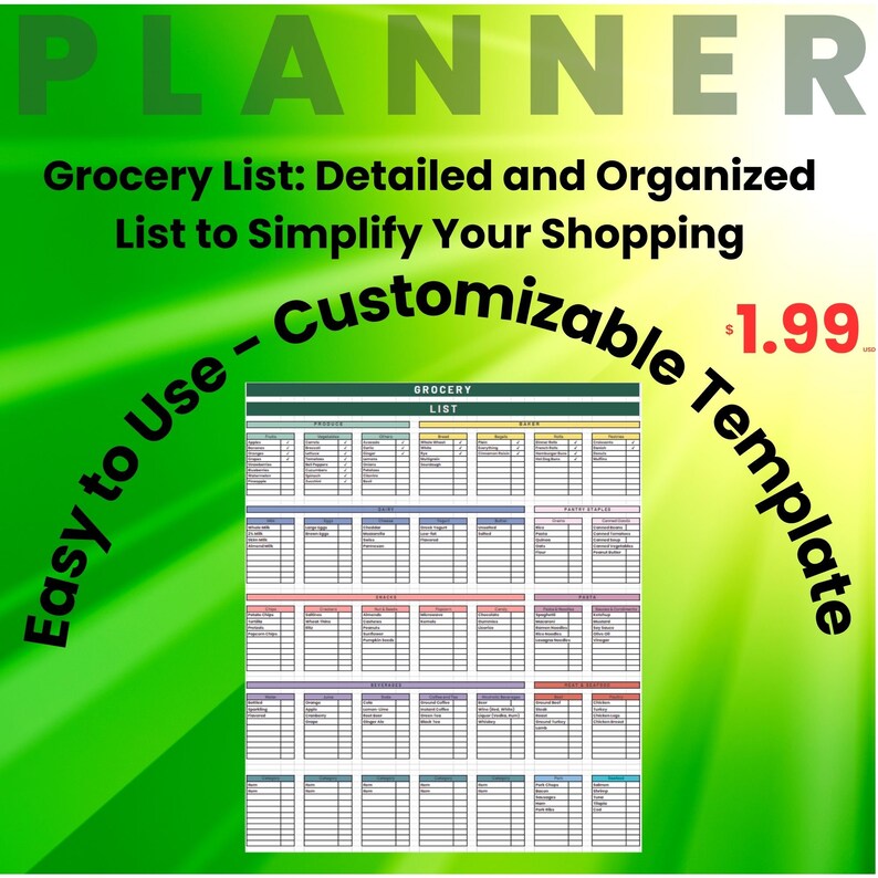Grocery List Template, Google Sheets, Customizable, Easy to Use ...
