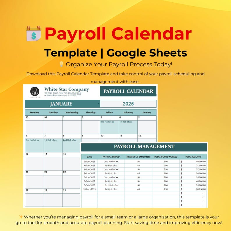Payroll Calendar Template, Google Sheets Editable Template, Pay ...