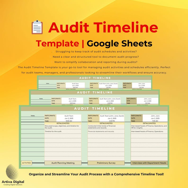 Audit Timeline Template, Google Sheets Editable Template, Audit Planner ...