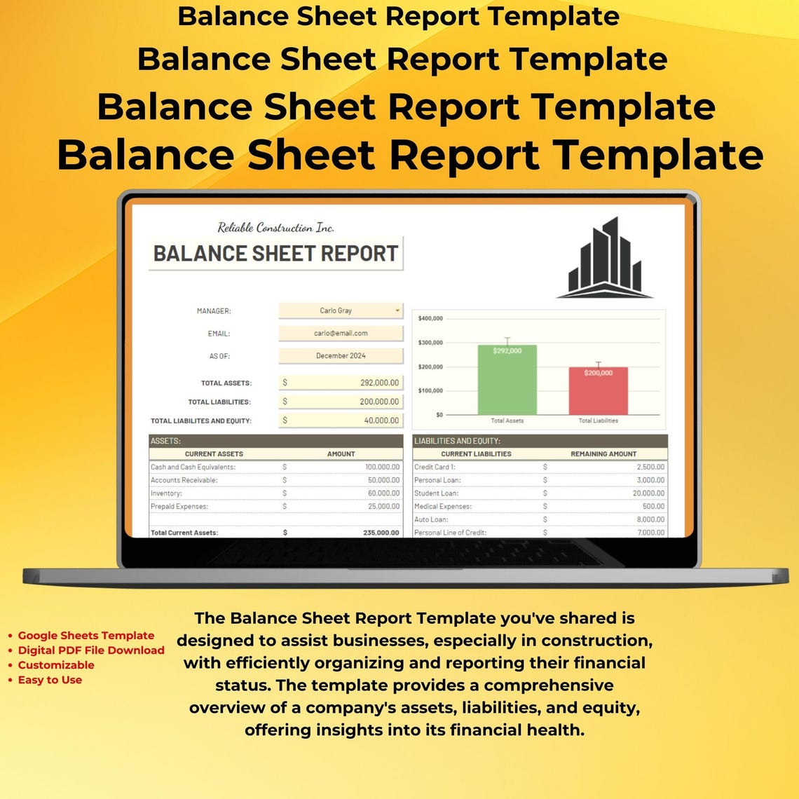 Balance Sheet Report Template, Google Sheets, Editable Financial ...