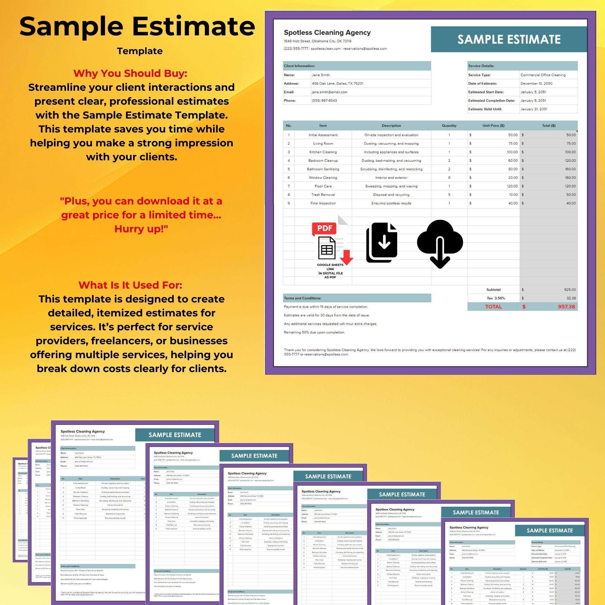 Sample Estimate Template, Quote Spreadsheet, Invoice & Pricing Sheet ...