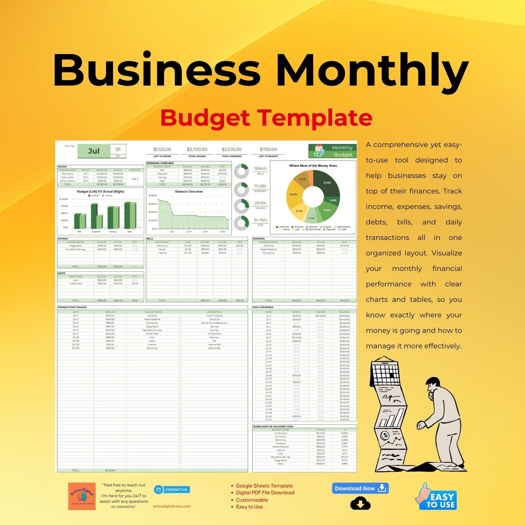 Business Monthly Budget Template, Expense Tracking Spreadsheet ...