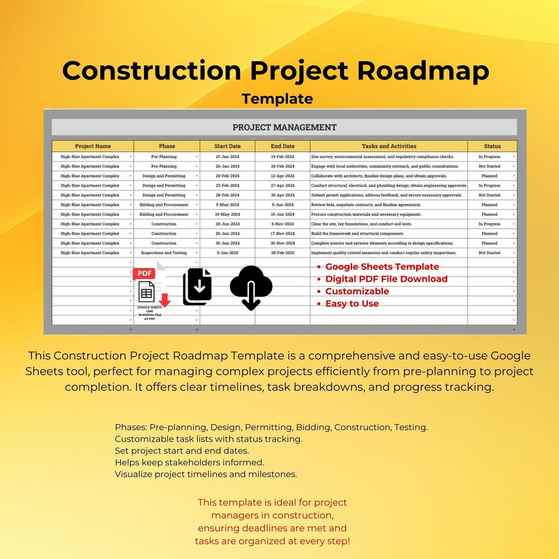 Construction Project Roadmap Template, Google Sheets Planner, Project ...