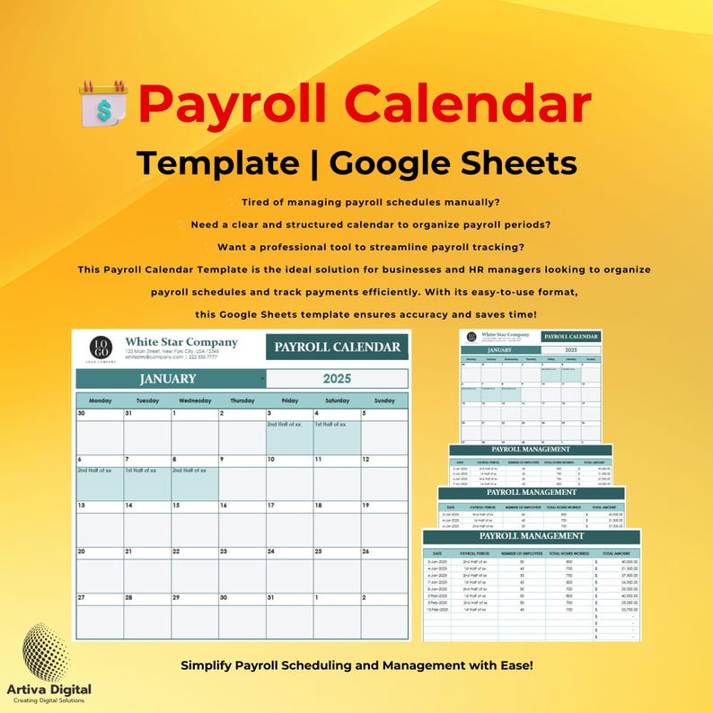 Payroll Calendar Template, Google Sheets Editable Template, Pay ...