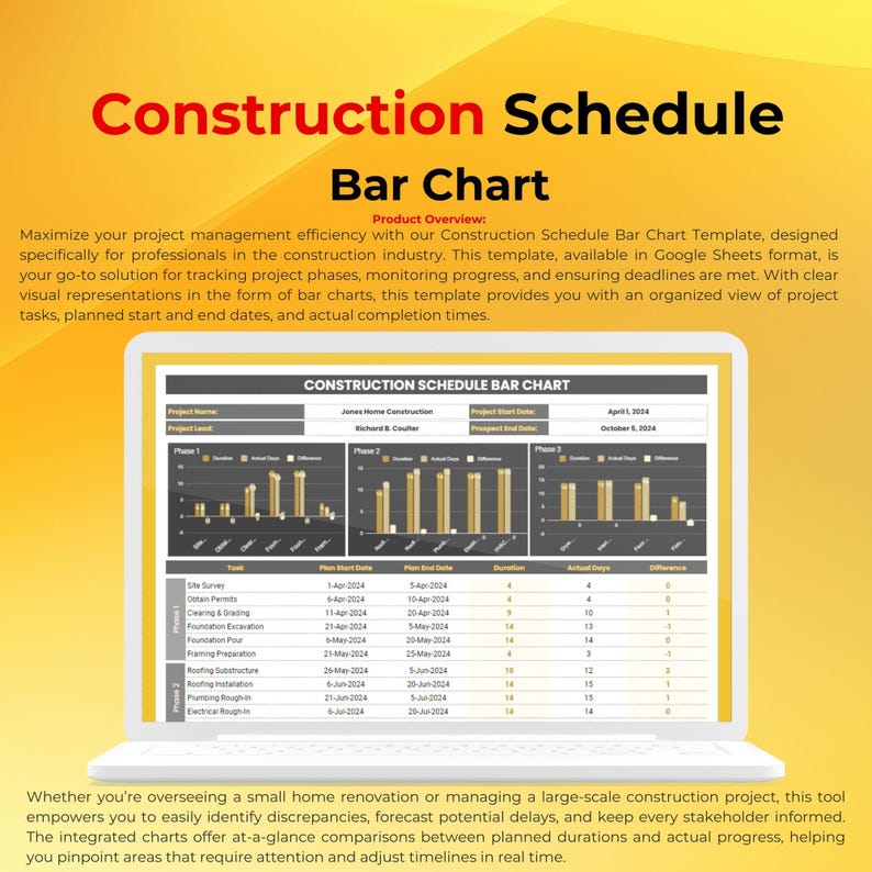 Construction Schedule Bar Chart Template, Project Management Tracker ...