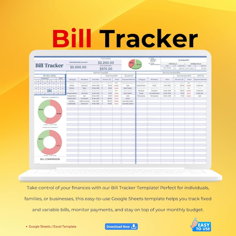 Bill Tracker Template, Google Sheets Editable Tool, Monthly Expense ...