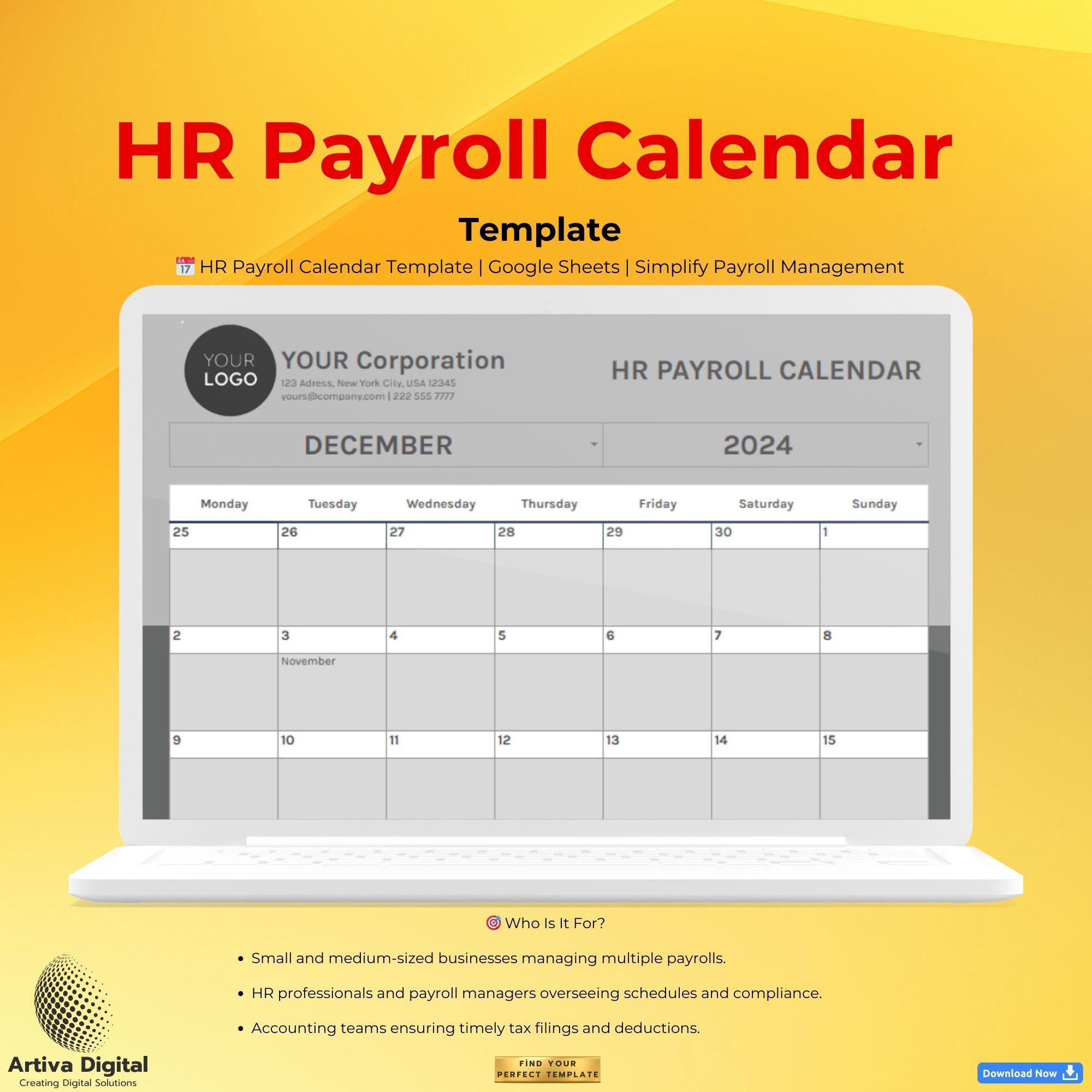 HR Payroll Calendar Template, Google Sheets, Customizable, Payroll ...