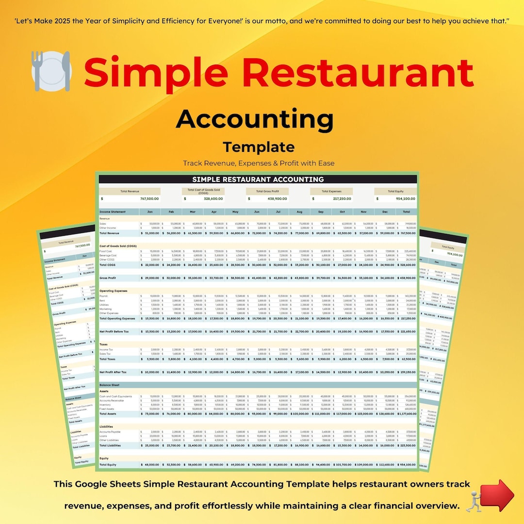 Simple Restaurant Accounting Template, Google Sheets Financial Tracker ...